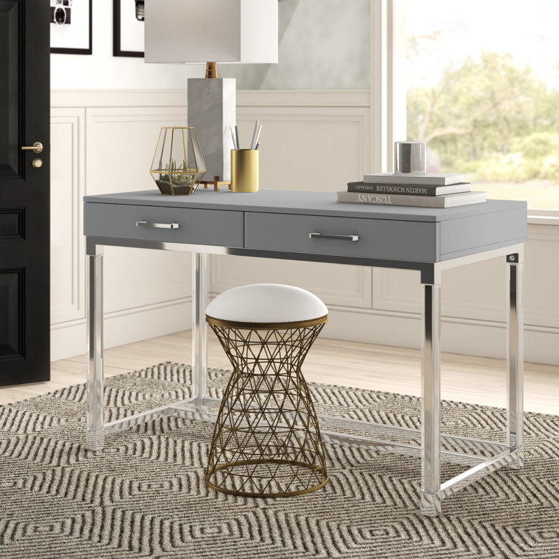 Mercury Row Ungar High Gloss 2 Drawers Writing Desk with Acrylic Legs Stainless Steel Base Reviews Wayfair